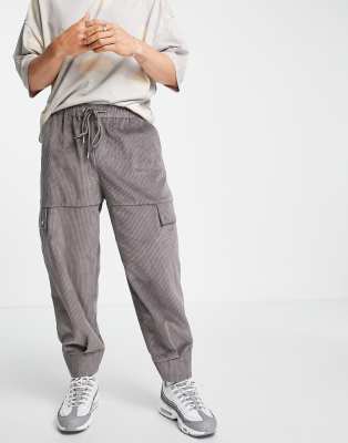ASOS DESIGN cord oversized tapered cargo trousers in grey | ASOS