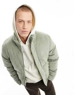 ASOS DESIGN cord puffer jacket in green | ASOS