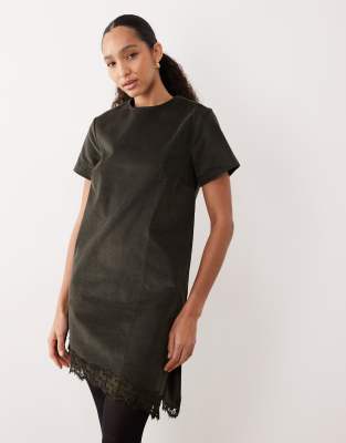 ASOS DESIGN cord t-shirt midi dress with asymmetric lace hem in olive ...