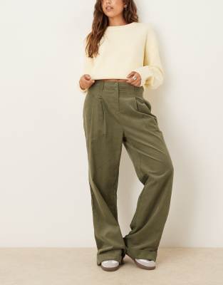 ASOS DESIGN cord turn up hem wide leg trousers in khaki | ASOS