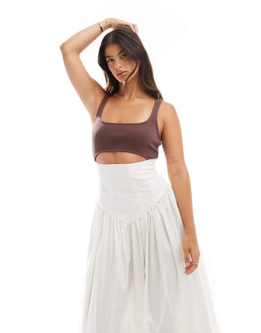ASOS DESIGN corset waist jersey bodice midi dress in cream and ...