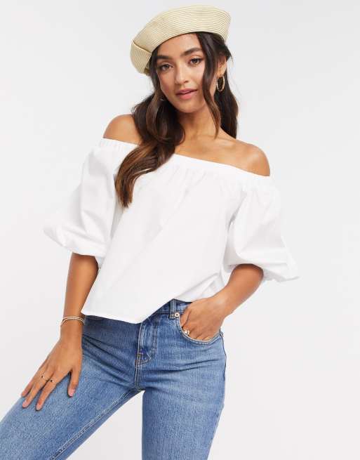 Asos Design Cotton Bardot Top With Volume Sleeves In White Asos