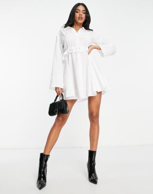 ASOS DESIGN cotton belted skater mini shirt dress in white | ASOS