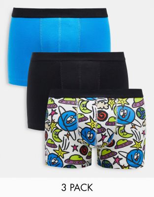 ASOS DESIGN cotton blend 3 pack trunks with cartoon space print in blue ...