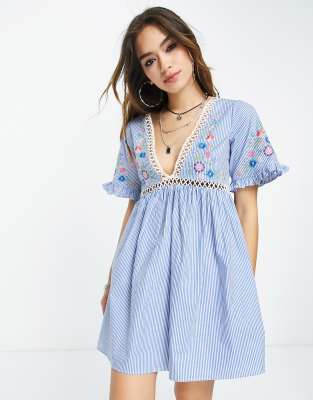 ASOS DESIGN cotton embroidered sundress in blue stripe | ASOS