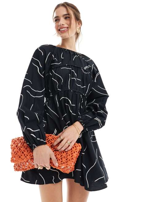 Asos Design Cotton Poplin Mini Dress With Ruched Bust In Monochrome