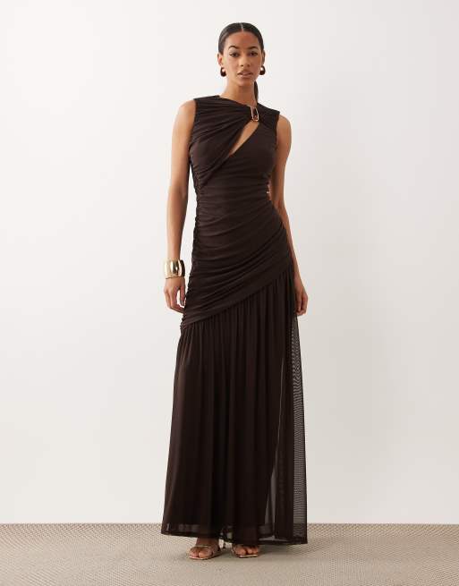 ASOS DESIGN cowl back cutout mesh maxi dress with bead detail in ...