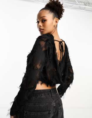 ASOS DESIGN cowl back top in fluffy star jacquard in black | ASOS