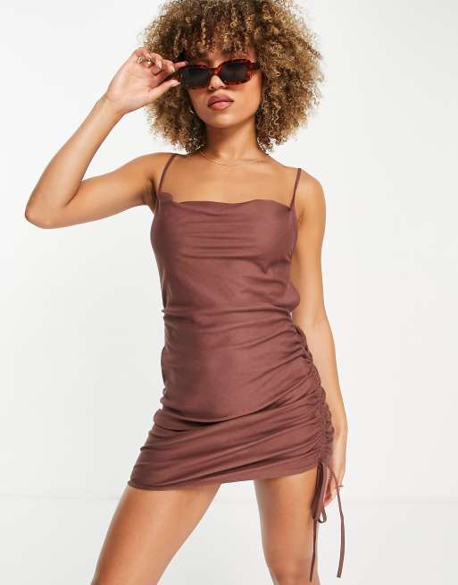 ASOS DESIGN cowl neck beach mini dress in brown | ASOS