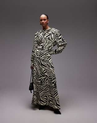 ASOS DESIGN cowl neck satin maxi dress with power shoulder in zebra ...