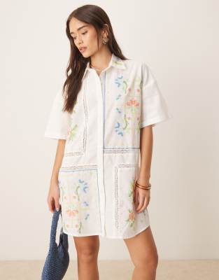 ASOS DESIGN - Cremehvid mini-skjortekjole med broderier | ASOS