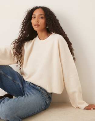 ASOS DESIGN crew neck boxy jumper with wide cuff in cream | ASOS