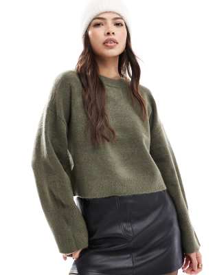ASOS DESIGN crew neck boxy jumper with wide cuff in khaki | ASOS