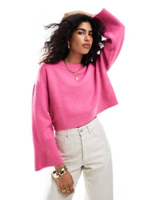ASOS DESIGN crew neck boxy jumper with wide cuff in pink | ASOS