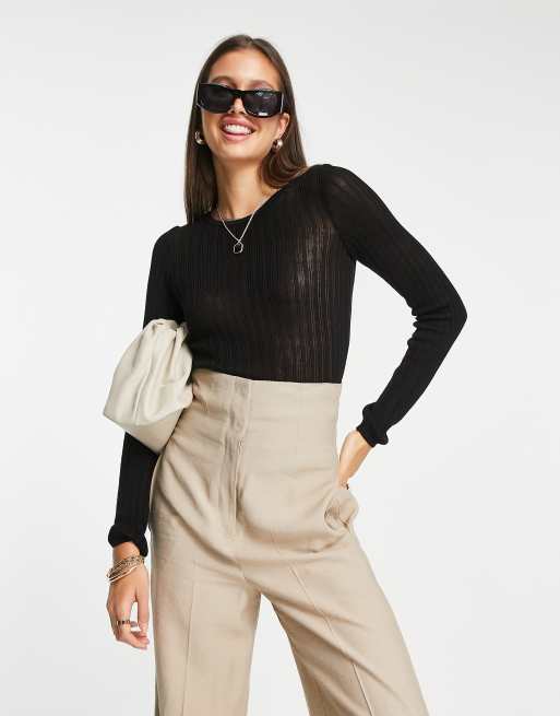 ASOS DESIGN crew neck knitted top in sheer rib yarn in black | ASOS