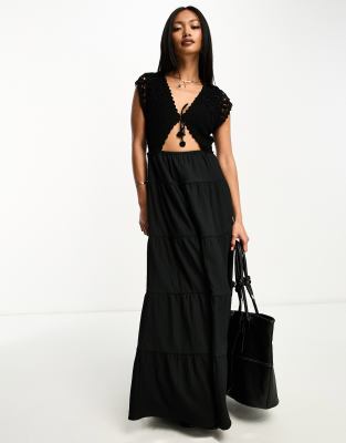ASOS DESIGN crochet bodice maxi dress with tiered skirt in black | ASOS