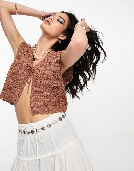 Asos Design Crochet Tie Front Waistcoat In Brown Asos