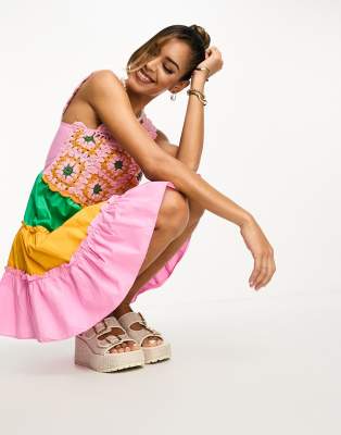 ASOS DESIGN crochet tiered mini sundress in color block | ASOS