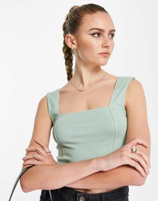 Asos Design Crop Cami With Square Neck And Seam Detail In Sage-green ...