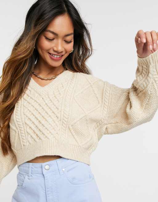 ASOS DESIGN crop jumper with cable detail in stone ASOS