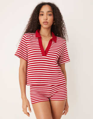 ASOS DESIGN crop polo collar top co-ord in knit red and white stripe | ASOS