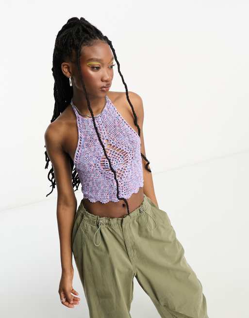 ASOS DESIGN - Crop top dos nu en maille au crochet teinte par section | ASOS