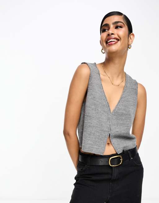 ASOS DESIGN crop waistcoat with split front detail in grey | ASOS