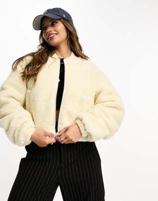 ASOS DESIGN cropped bomber fleece jacket in ecru | ASOS