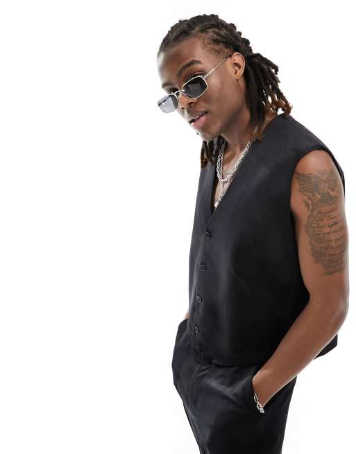 ASOS DESIGN cropped boxy suit vest in black suedette | ASOS