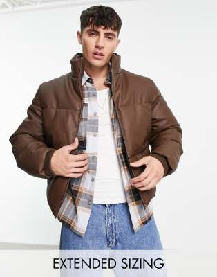 ASOS DESIGN cropped faux leather puffer jacket in brown | ASOS