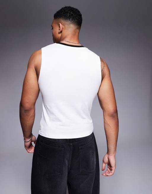 ASOS DESIGN cropped muscle fit tank with chest graphic in light grey | ASOS