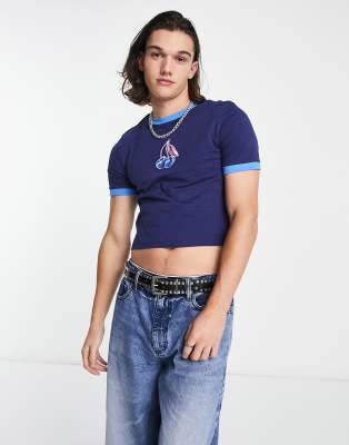ASOS DESIGN cropped muscle ringer t-shirt in navy with cherry chest ...