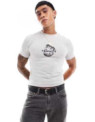 ASOS DESIGN cropped muscle t-shirt in grey with chest print | ASOS