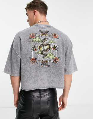 ASOS DESIGN cropped oversized t-shirt in gray with grunge back print | ASOS