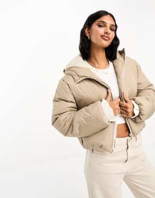 ASOS DESIGN cropped puffer jacket with hood in putty | ASOS