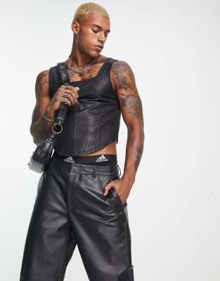 ASOS DESIGN cropped skinny singlet in black faux leather with corset ...
