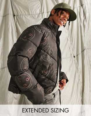 ASOS DESIGN cropped smile printed puffer jacket in black | ASOS