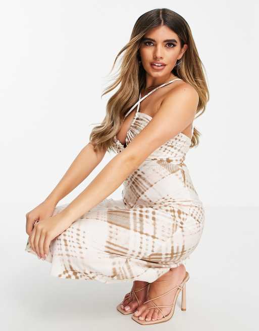 Asos Design Cross Front Halter Satin Midi Dress With Tie Back In Check