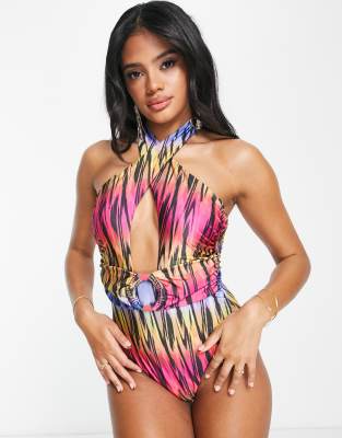 ASOS DESIGN cross neck cut out ring detail swimsuit in abstract ombre print | ASOS