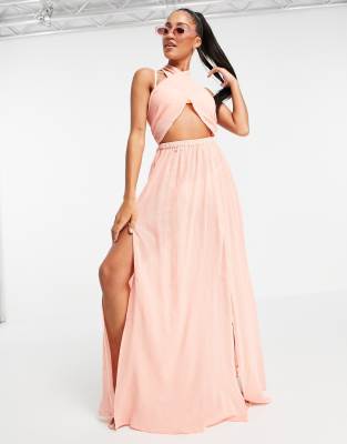 ASOS DESIGN cross neck halter beach dress in apricot | ASOS
