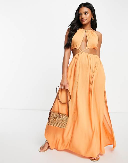 Asos Design Cross Waist Halter Maxi Beach Dress In Coral Asos