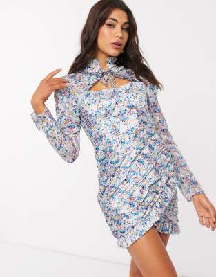 Asos Design Cupped Structured Ruched Mini Dress With Tie Neck In Mixed