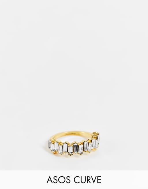 Asos Design Curve 14k Gold Plated Ring With Baguette Clear Crystals Asos