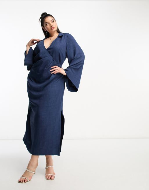 Asos Design Curve Blå Midiklänning Med Omlottdesign Utställda ärmar