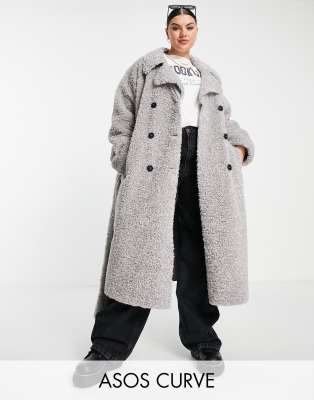 ASOS DESIGN Curve bonded shearling trench coat in gray | ASOS