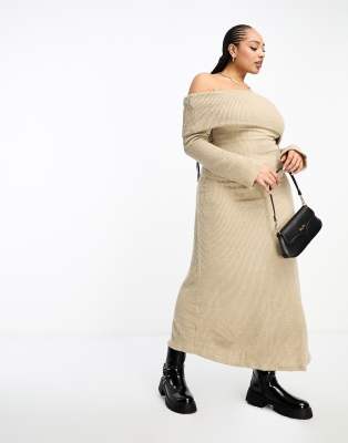 ASOS DESIGN Curve - Bouclé maxi jurk met blote schouders en uitlopende mouwen in lichtbeige | ASOS