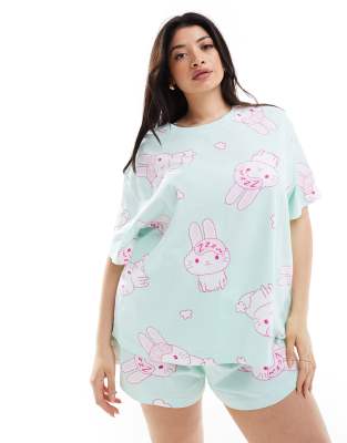 ASOS DESIGN Curve bunny oversized tee & short pyjama set in green | ASOS
