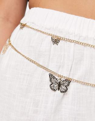 ASOS DESIGN Curve butterfly chain belt in gold | ASOS