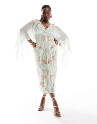 ASOS DESIGN Curve cape midi dress with floral embellishment in sage ...