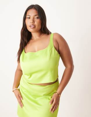 ASOS DESIGN Curve co-ord satin wide square neck cami top in lime green ...
